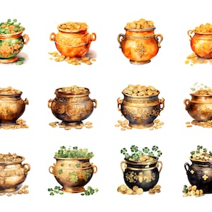 St Patricks Day Watercolor Pot of Gold Clipart, St Patricks Day PNG ...