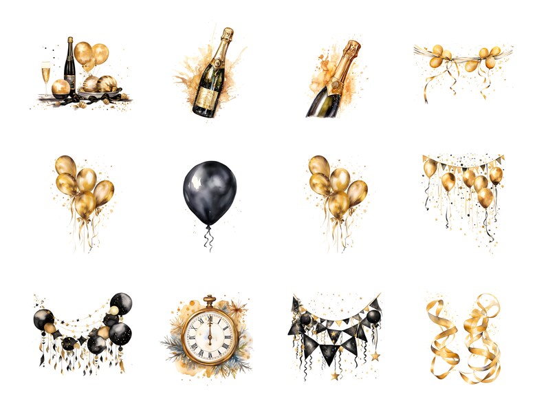 Watercolor New Year Clipart, Happy New Year Clipart, Black & Gold New ...
