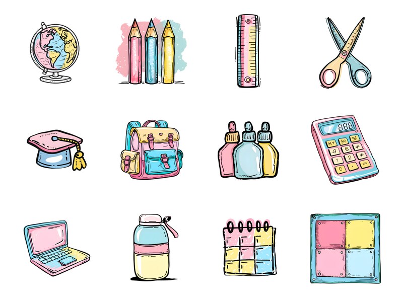 Watercolor Pastel School Doodle Clipart, Back to School Graphics ...