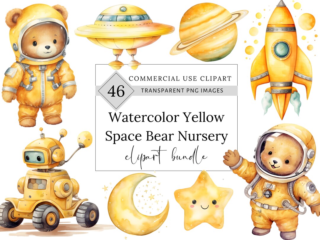Watercolor Yellow Space Bear Clipart Bundle, Astronaut Nursery Clipart ...