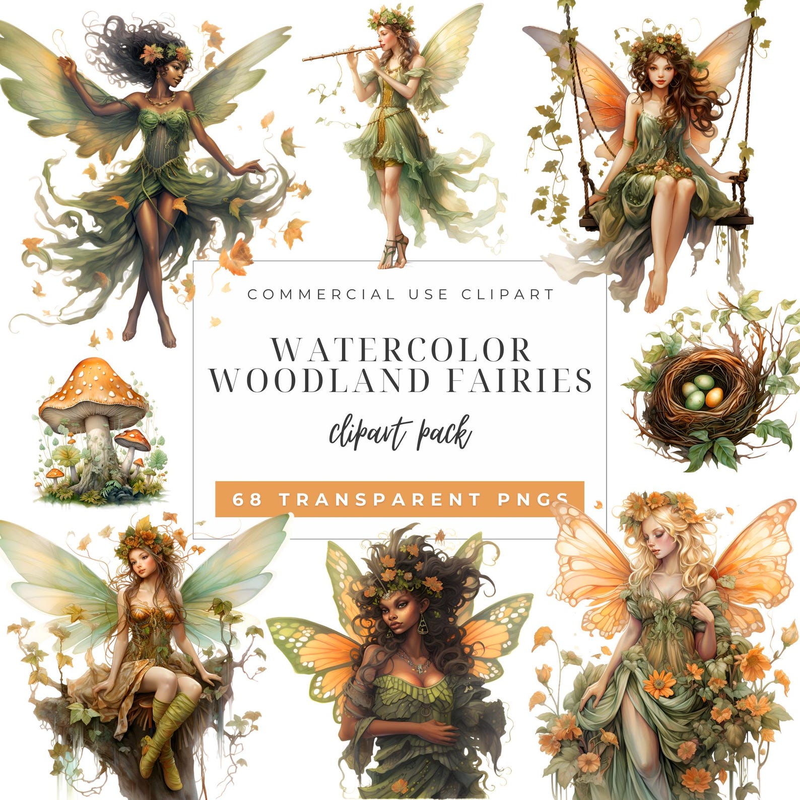 Watercolor Woodland Fairy Clipart, Fairy Tale, Magical Fantasy PNG ...