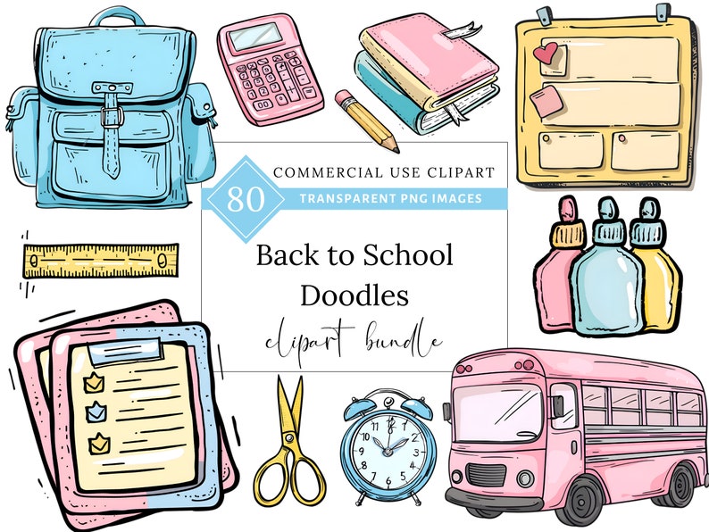 Watercolor Pastel School Doodle Clipart, Back to School Graphics ...