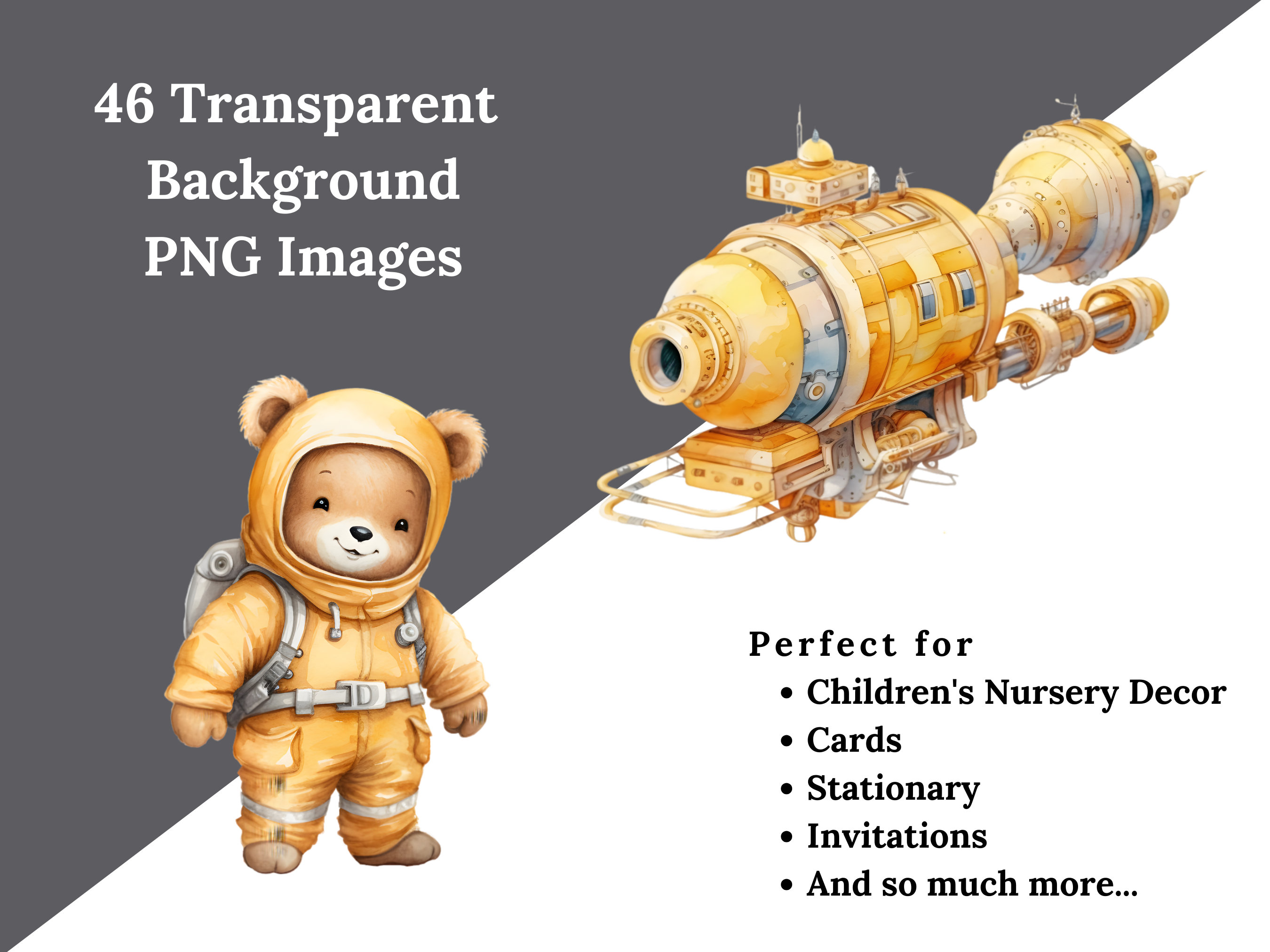 Watercolor Yellow Space Bear Clipart Bundle, Astronaut Nursery Clipart ...