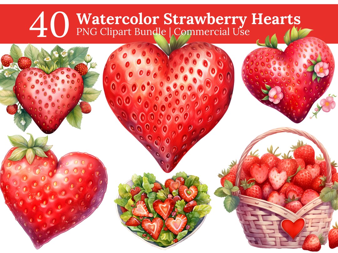 Watercolor Strawberries Heart Clipart Bundle, Valentine Strawberry ...