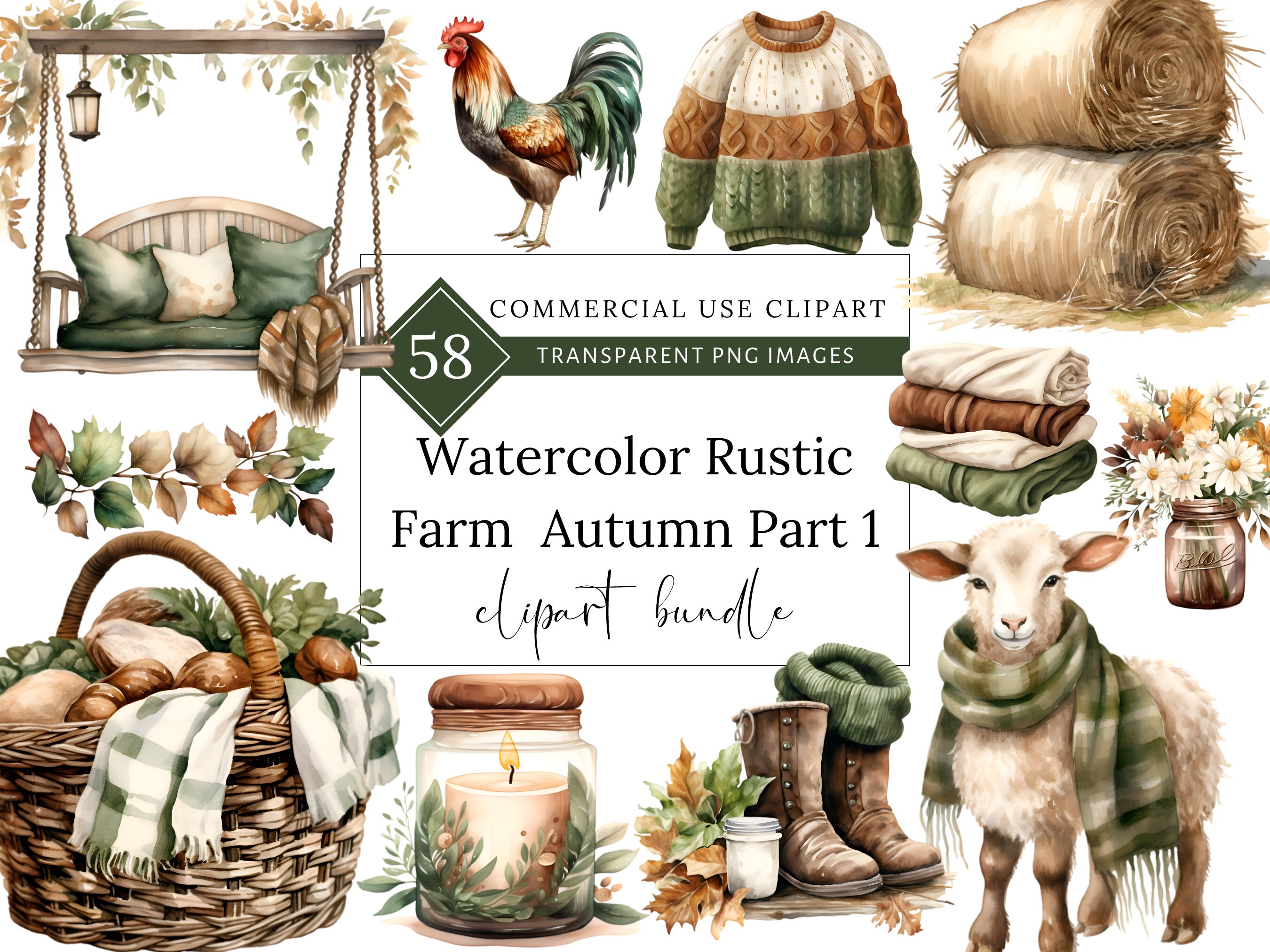 Watercolor Rustic Farm Autumn Clipart Bundle, Golden Fall Images ...
