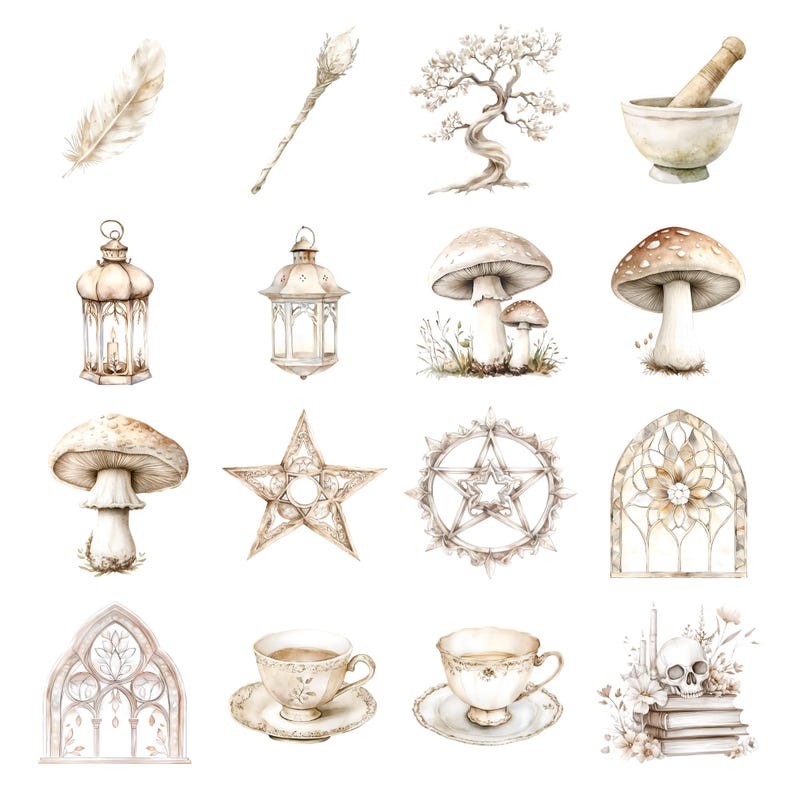Watercolor Boho Witchy Clipart Bundle, Neutral Halloween PNG ...