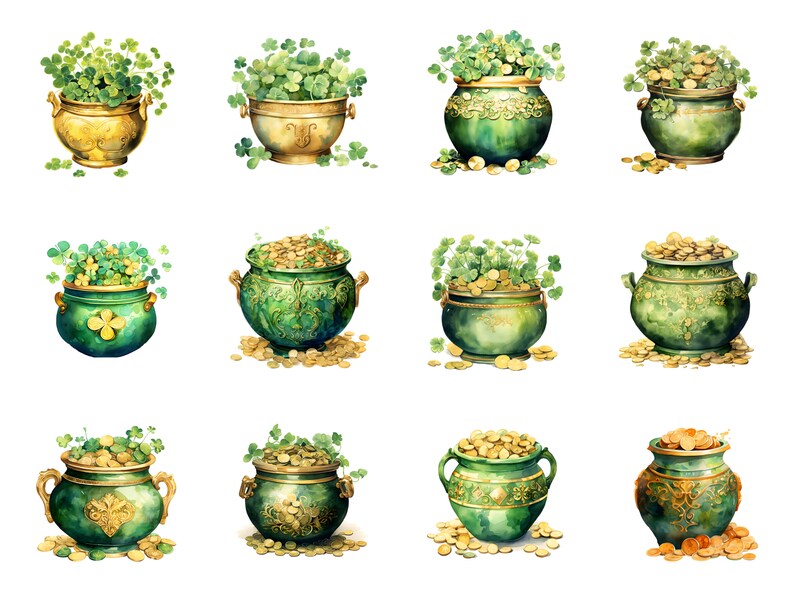 St Patricks Day Watercolor Pot of Gold Clipart, St Patricks Day PNG ...