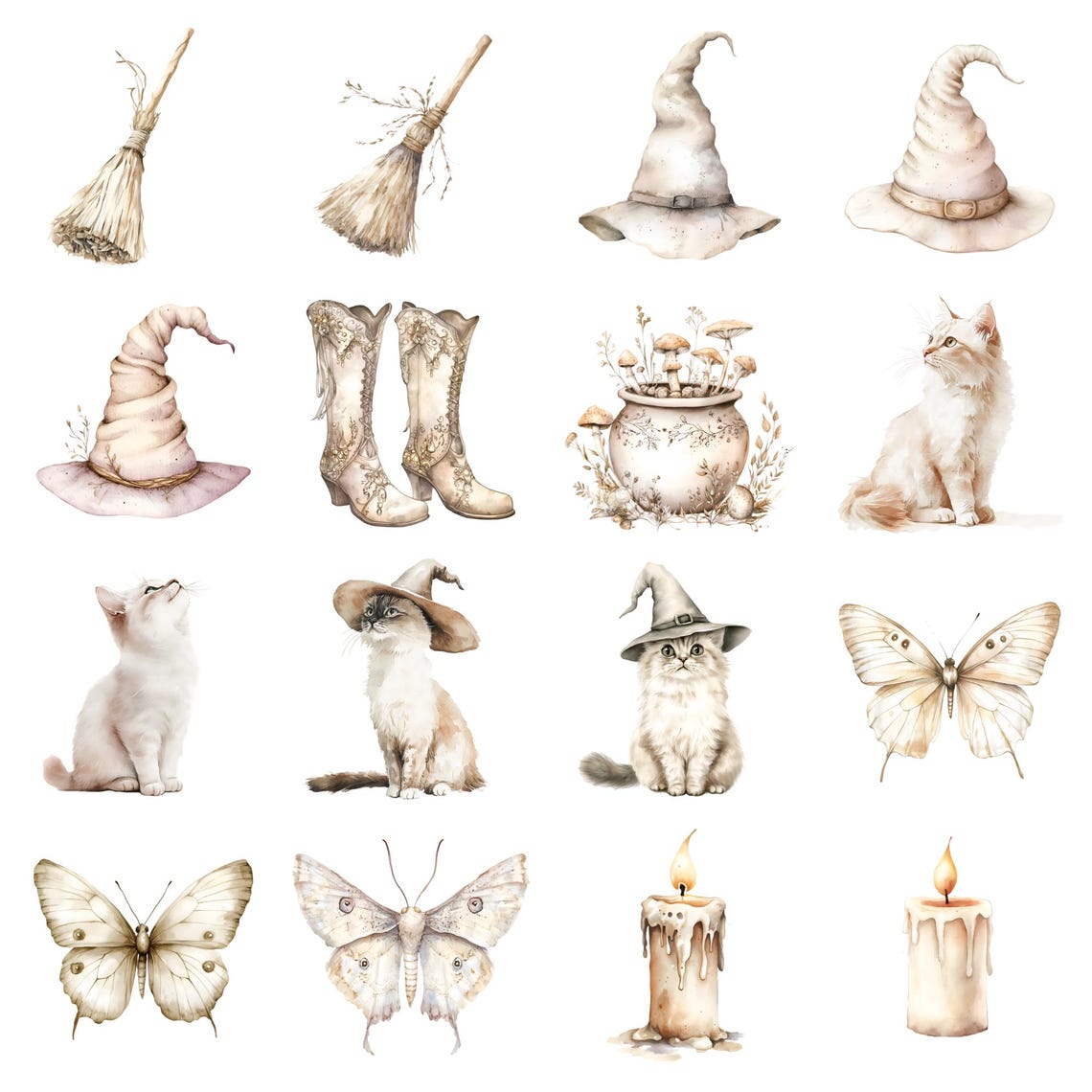 Watercolor Boho Witchy Clipart Bundle, Neutral Halloween PNG ...