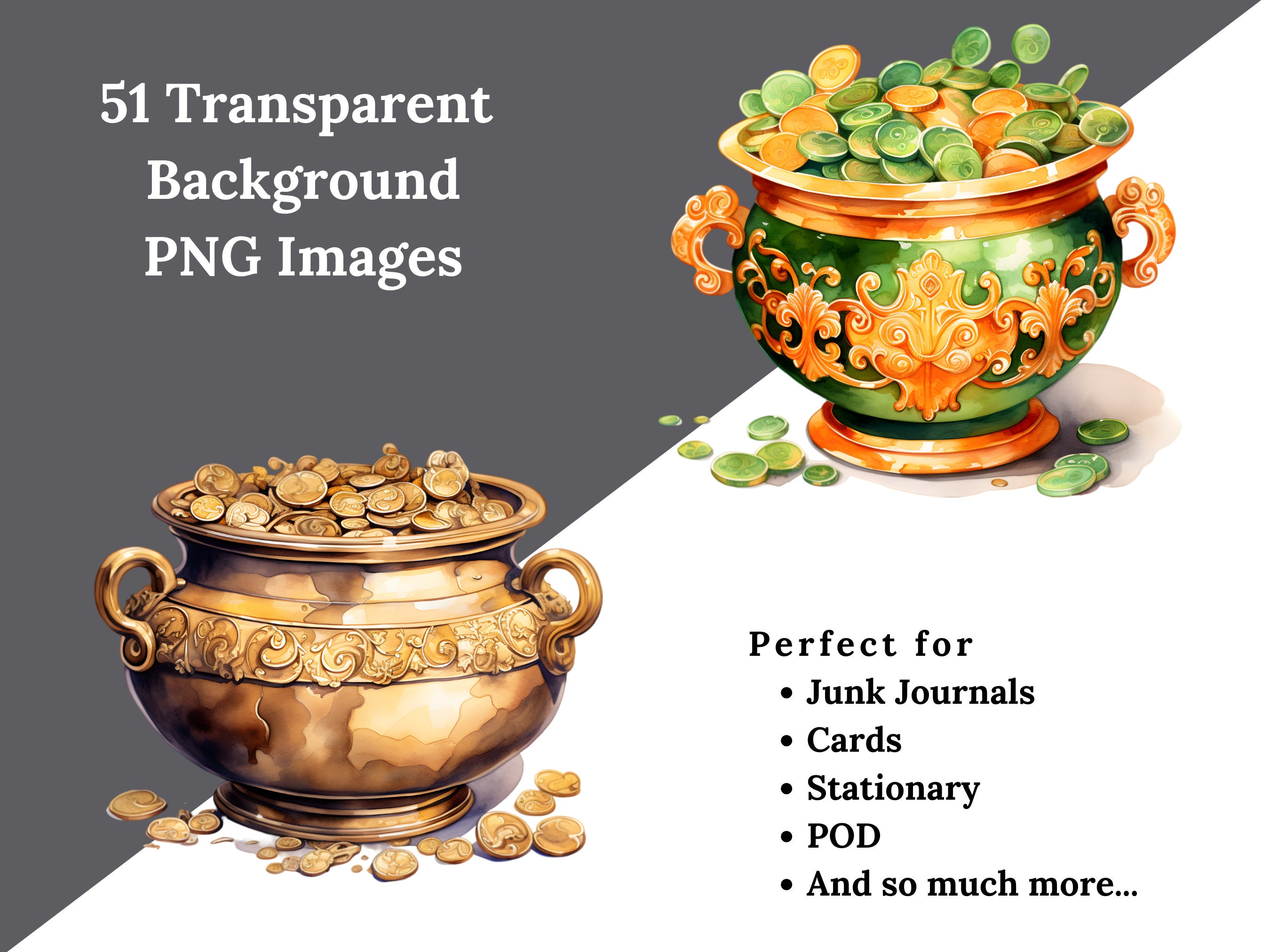 St Patricks Day Watercolor Pot of Gold Clipart, St Patricks Day PNG ...