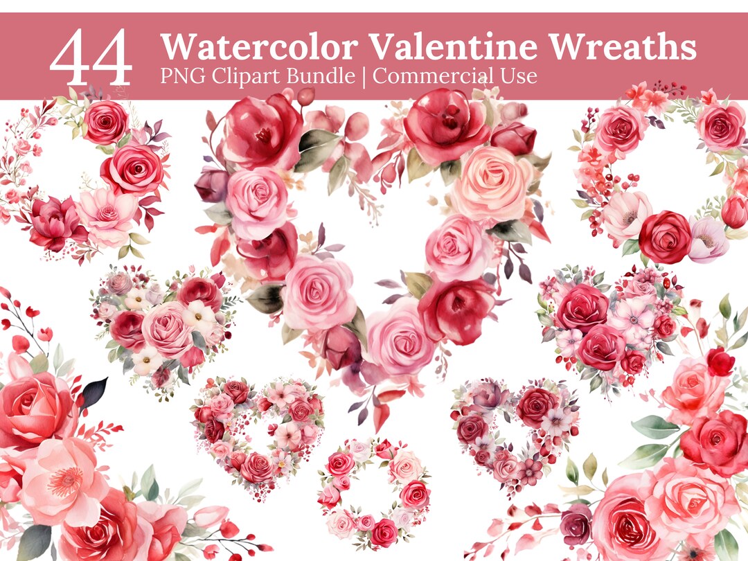 Watercolor Valentine Floral Heart Wreaths Clipart Bundle, Commercial ...