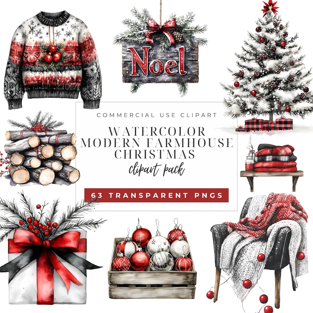 Watercolor Modern Farmhouse Christmas Clipart Bundle, Festive Shabby ...