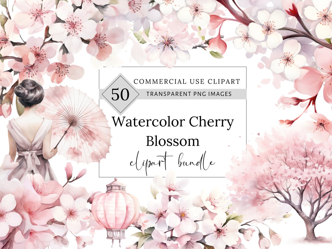 Watercolor Cherry Blossom Clipart Bundle, Floral Watercolor PNG, Sakura ...