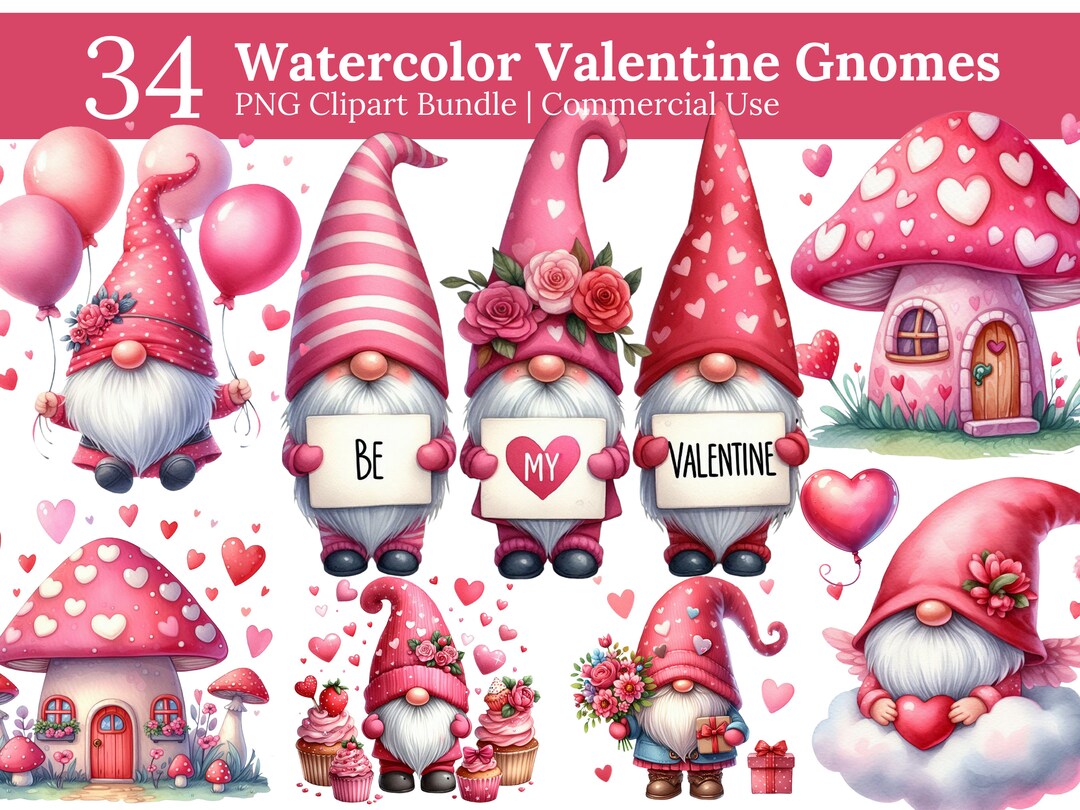 Watercolor Valentines Gnomes Clipart, Cute Valentines Gnome Png ...