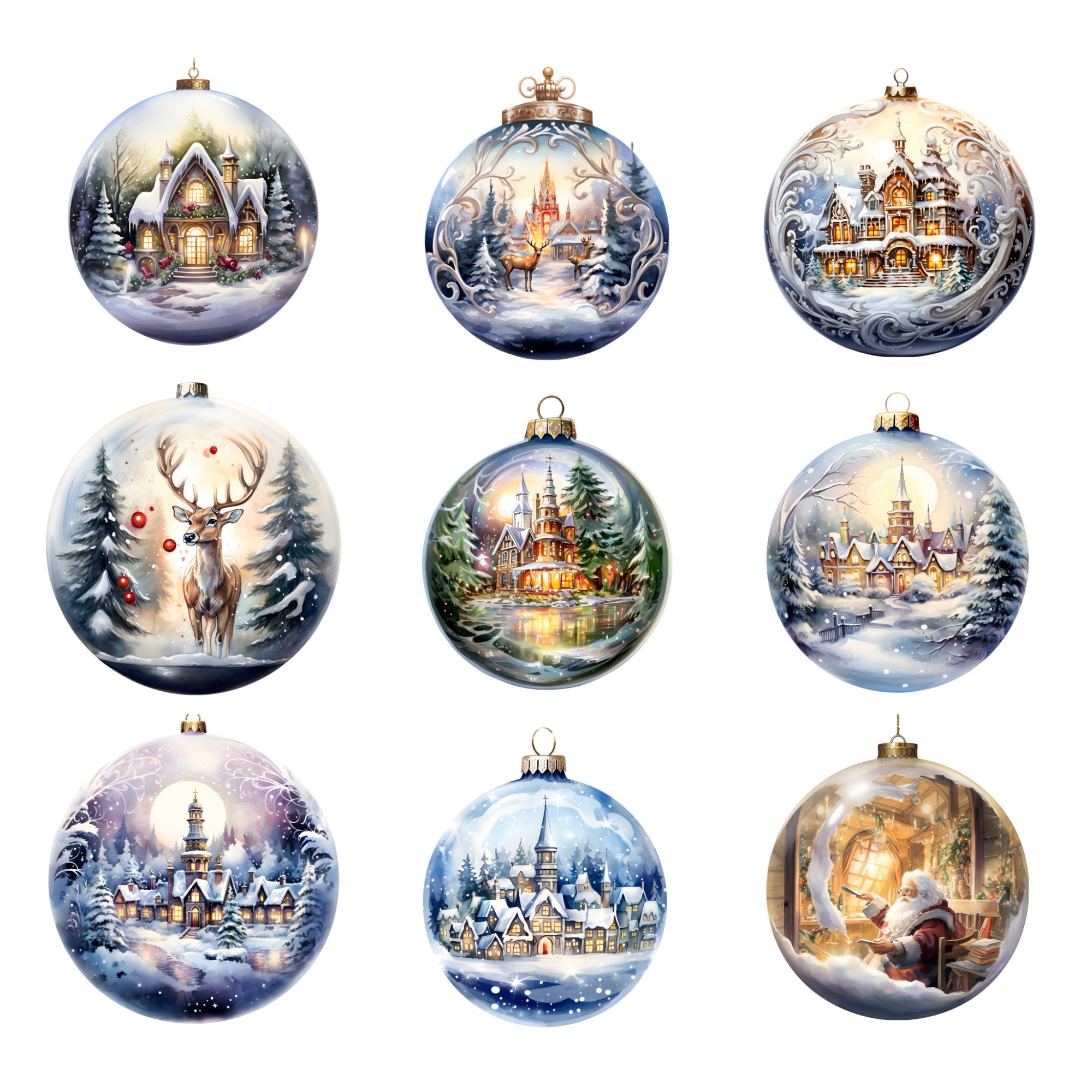 Watercolor Glass Baubles Clipart, Christmas Scenes, Festive Clipart ...