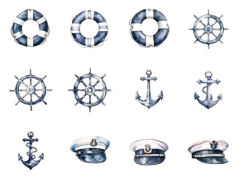 Watercolor Blue Nautical Collection Clipart, Sailor Graphics, Vintage ...