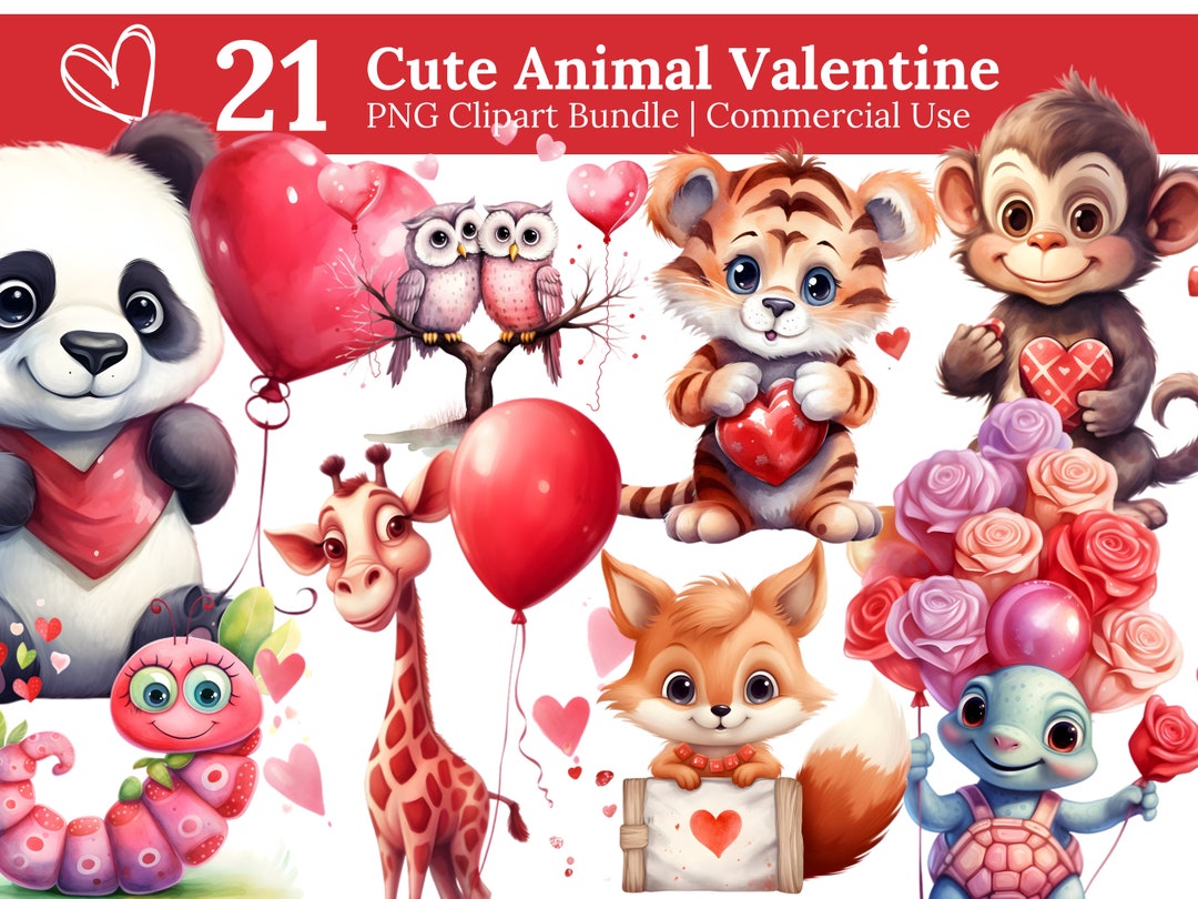 21 Cute Animal Valentine PNG Bundle, Baby Animal Valentine Clipart ...