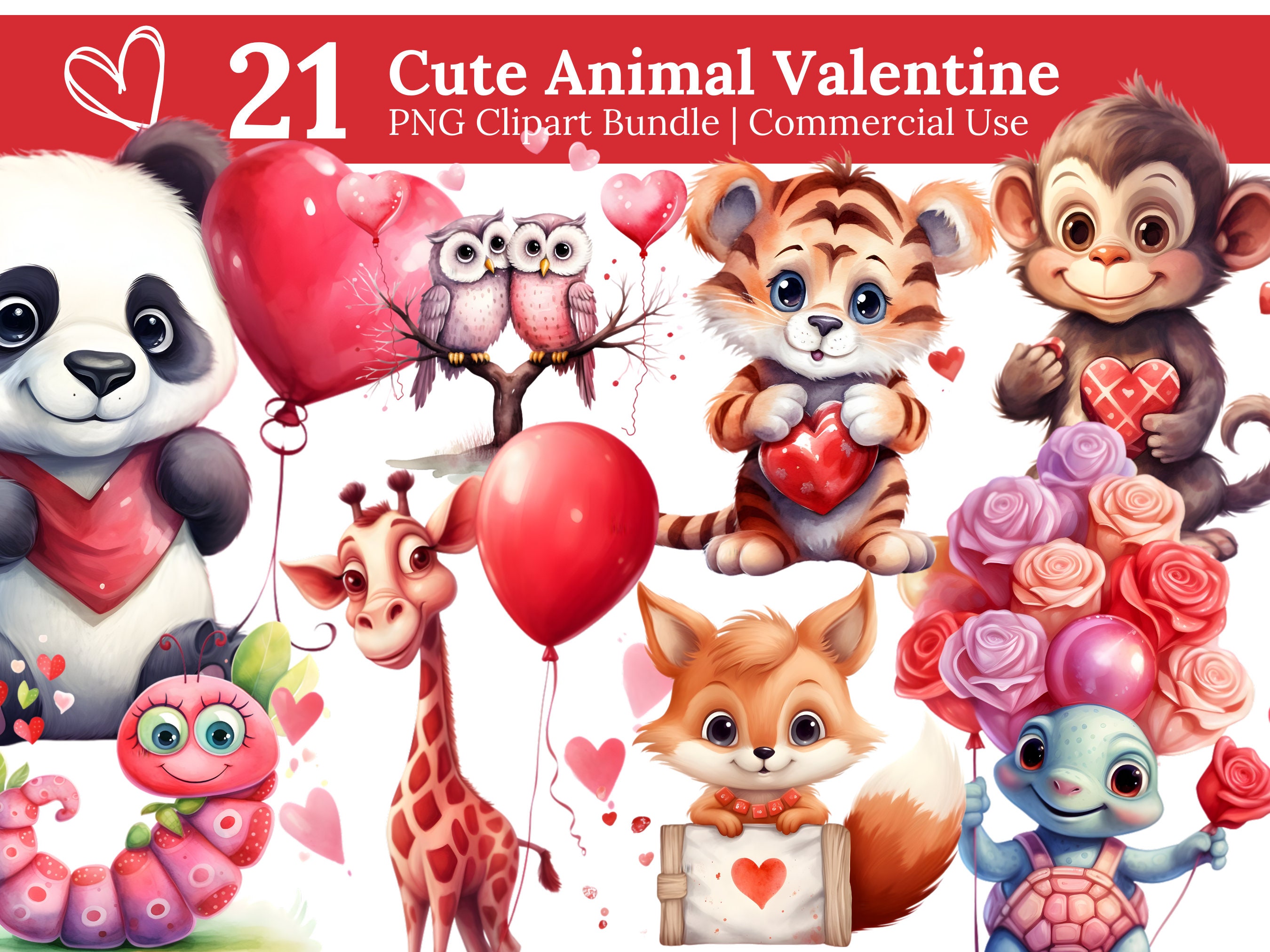 21 Cute Animal Valentine PNG Bundle, Baby Animal Valentine Clipart ...