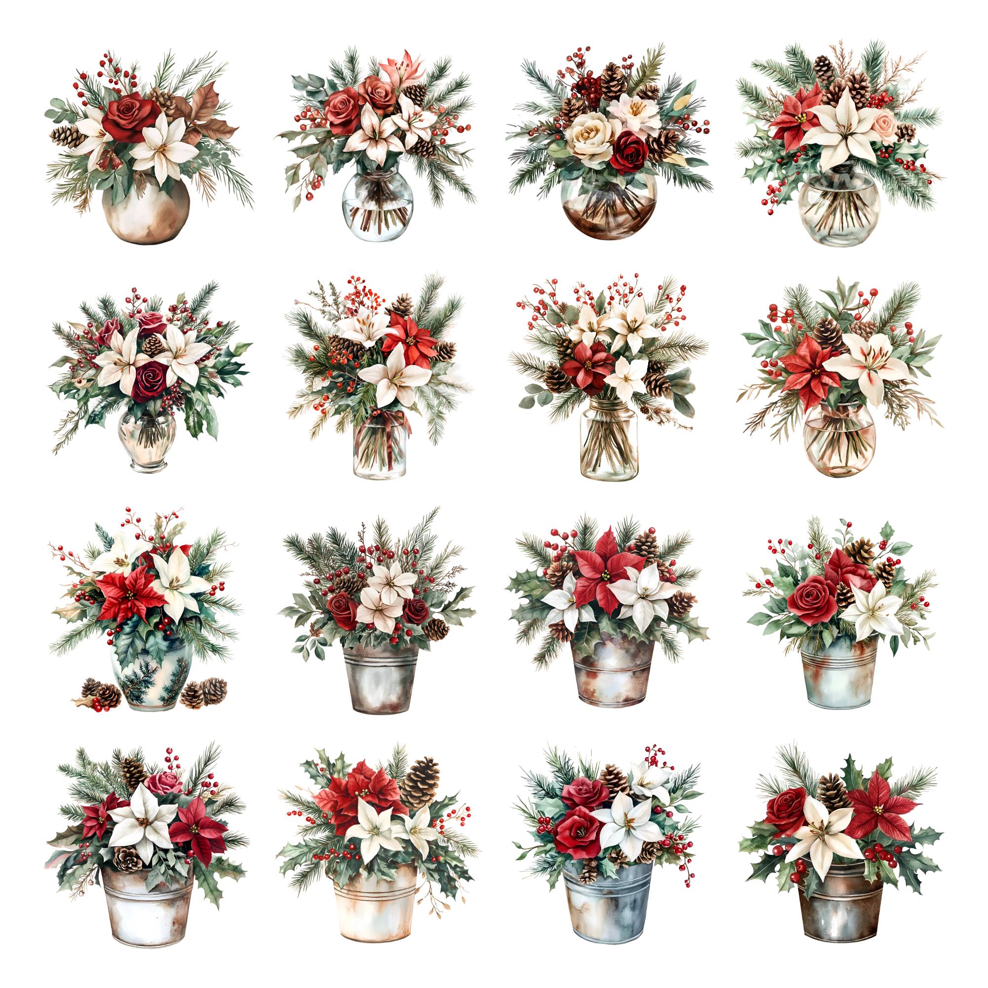 Watercolor Christmas Floral Clipart Bundle, Poinsettia & Lily Bouquet ...