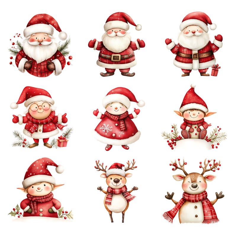 Watercolor Cute Christmas Clipart Bundle, Quirky Festive Characters PNG ...