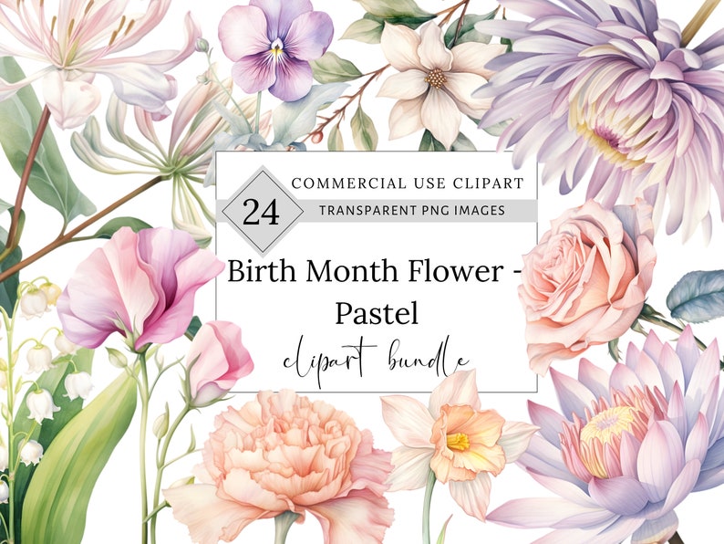 Watercolor Birth Month Flower SVG Clipart Bundle, Pastel Birth Month ...