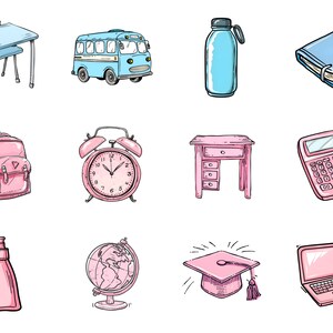 Watercolor Pastel School Doodle Clipart, Back to School Graphics ...