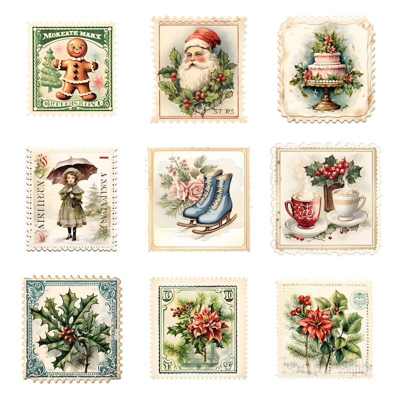 Vintage Christmas Postage Stamp Clipart, Victorian Christmas Clipart ...