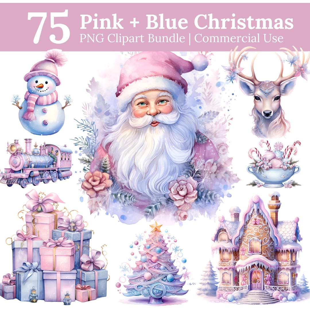 Pastel Pink & Blue Watercolor Christmas Clipart, Festive Holiday PNG ...