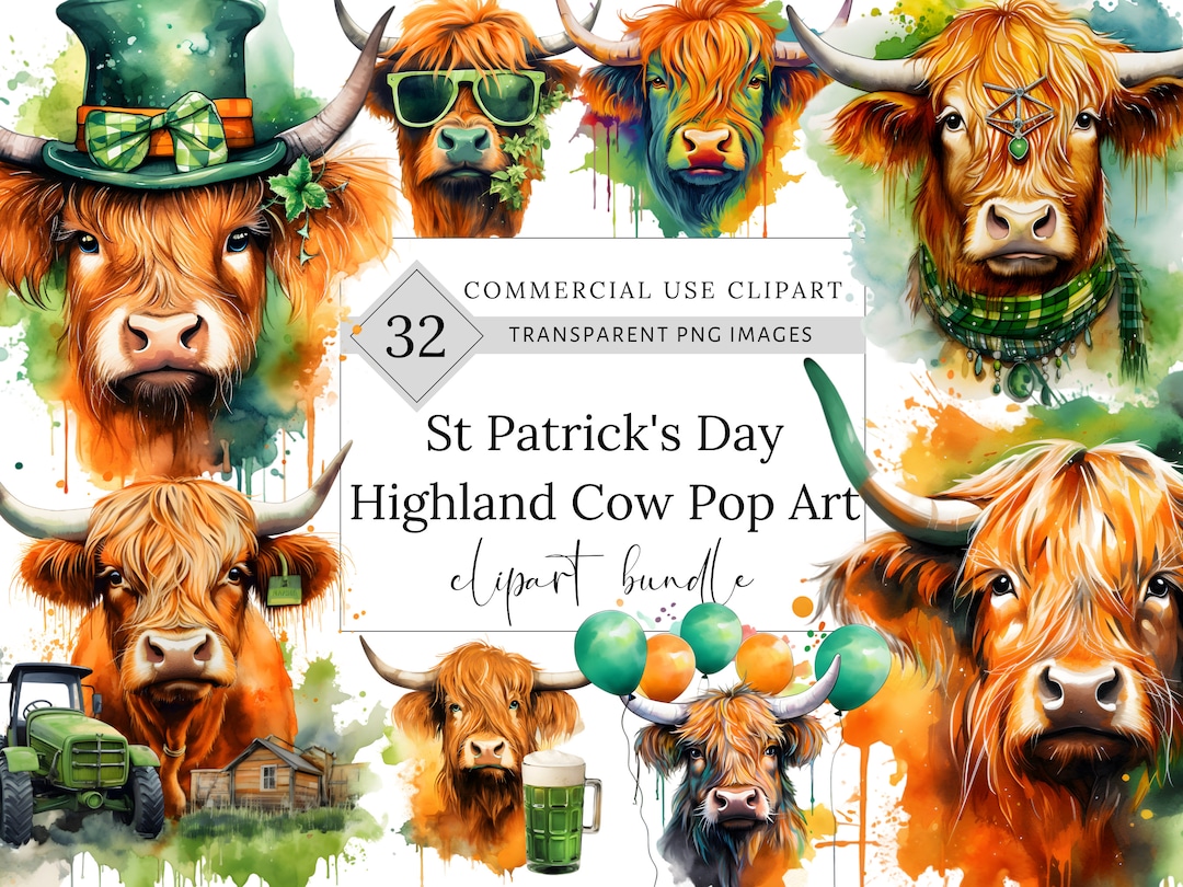 St Patricks Day Watercolor Highland Cow Clipart, St Patricks Day PNG ...