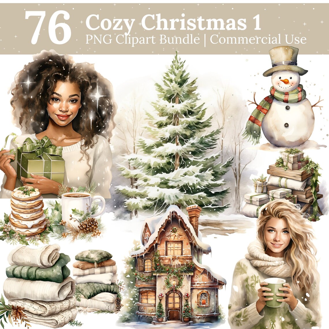 Cozy Watercolor Christmas Clipart Christmas Cabin Clipart Commercial ...