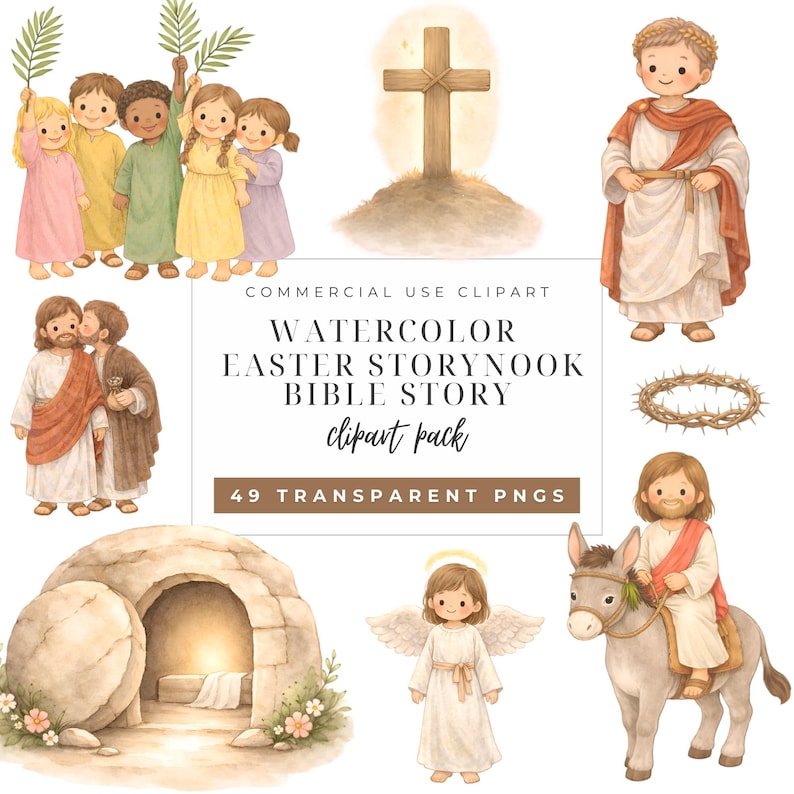 Biblical Easter Clipart Bundle for Kids, Christian Watercolor Storybook ...