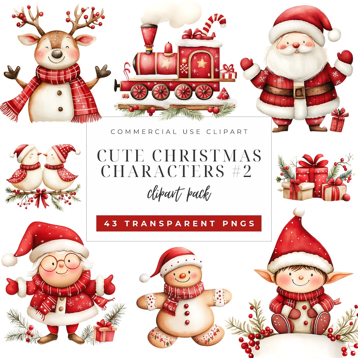Watercolor Cute Christmas Clipart Bundle, Quirky Festive Characters PNG ...