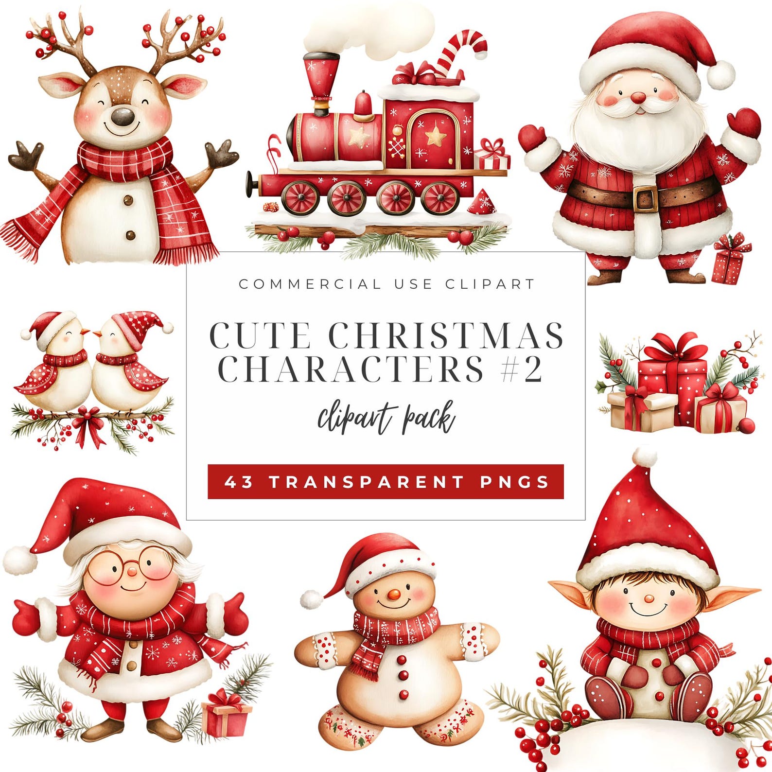 Watercolor Cute Christmas Clipart Bundle, Quirky Festive Characters PNG ...