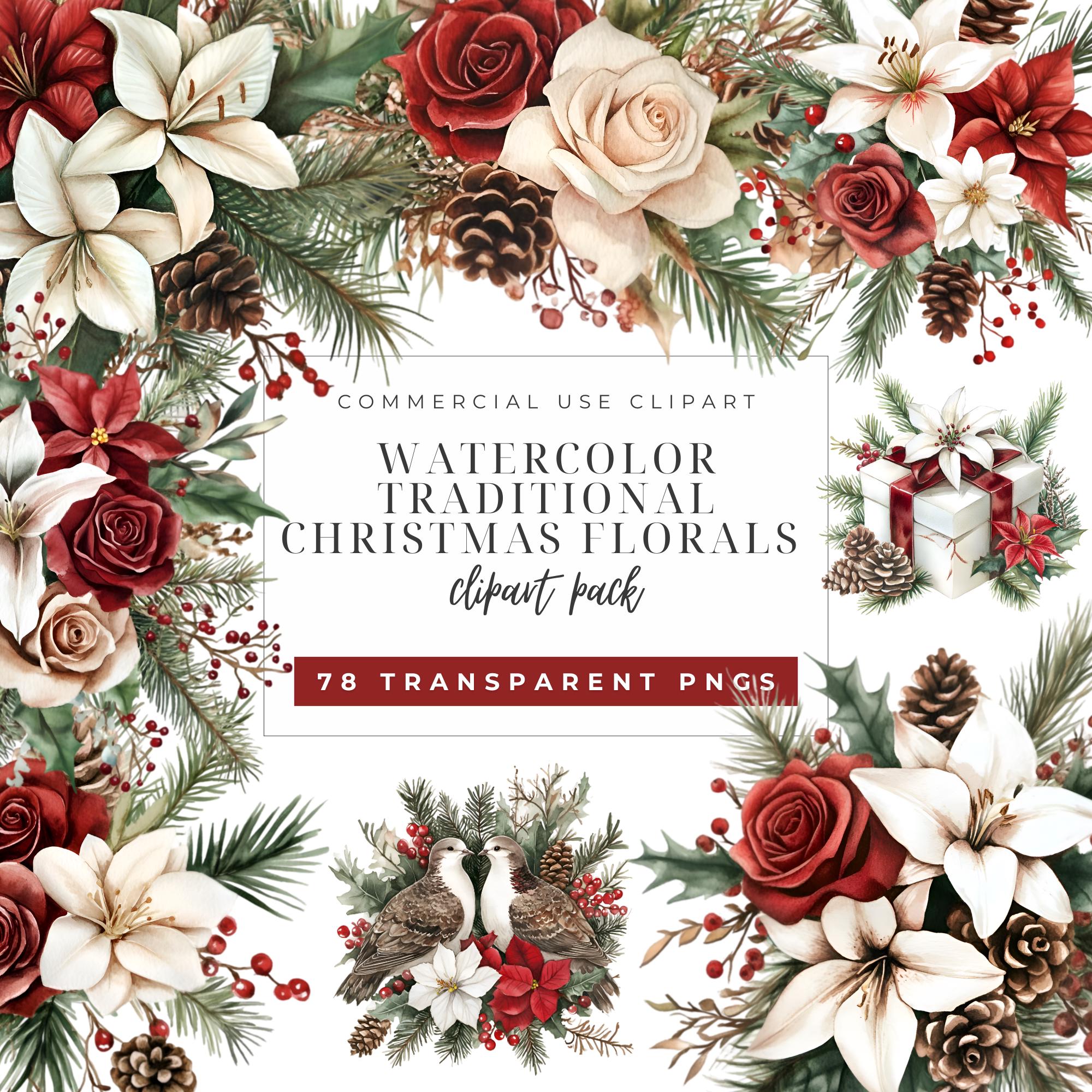 Watercolor Christmas Floral Clipart Bundle, Poinsettia & Lily Bouquet ...