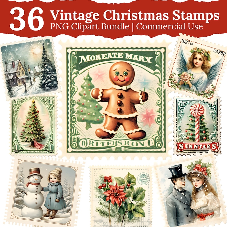 Vintage Christmas Postage Stamp Clipart, Victorian Christmas Clipart ...
