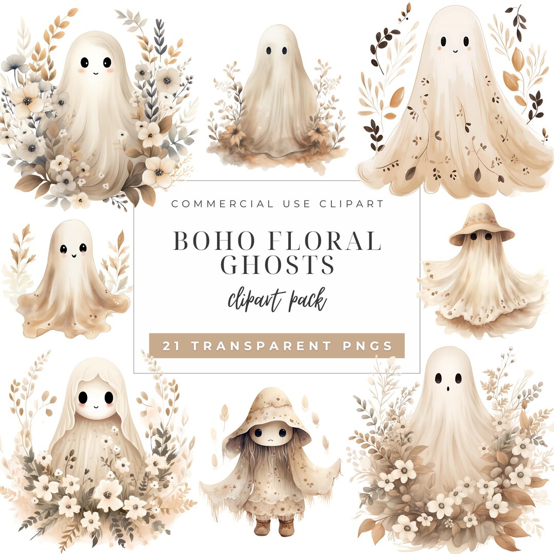 Boho Floral Ghost Clipart, Watercolor Whimsigoth Halloween PNG ...
