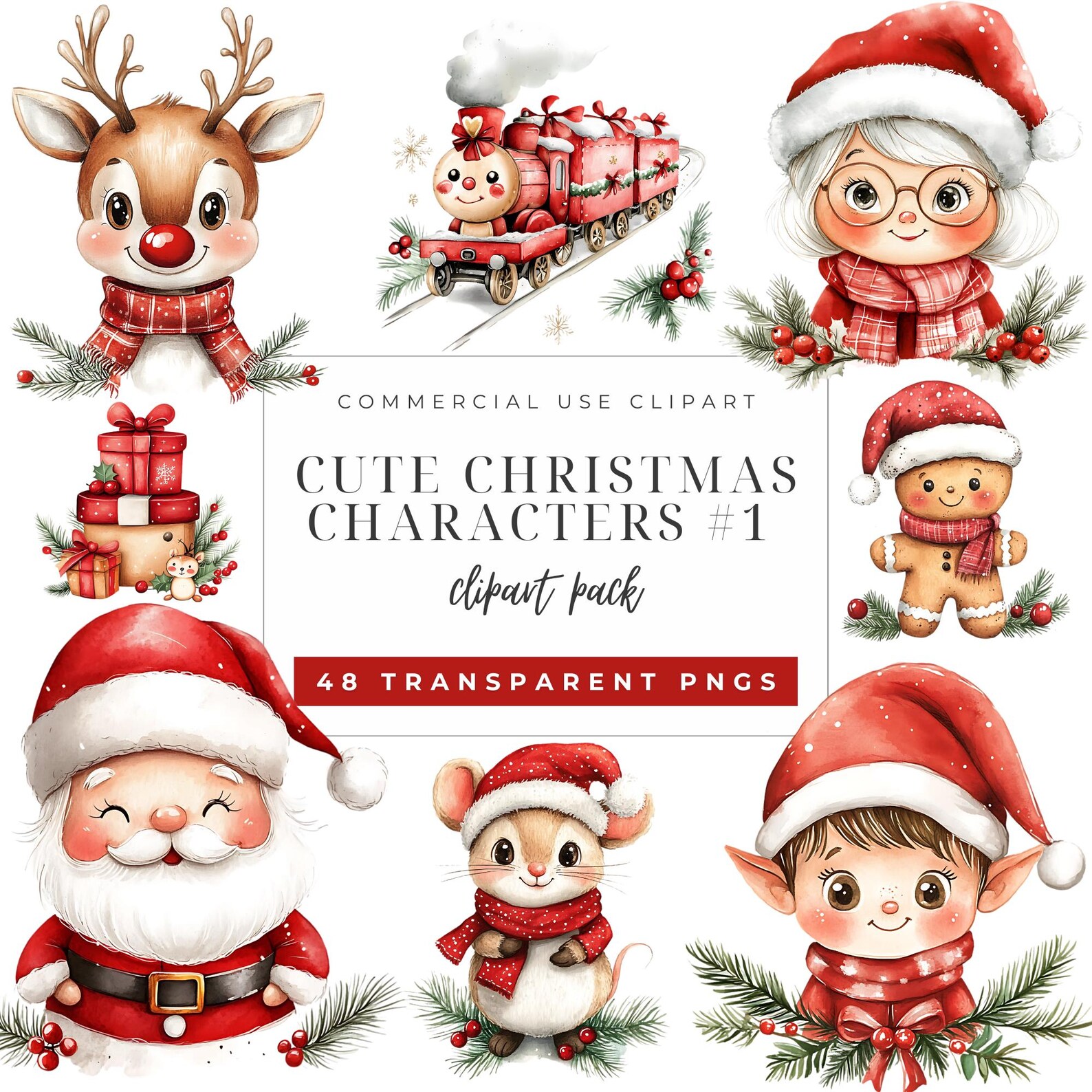 Watercolor Cute Christmas Characters Clipart Bundle, Quirky Reindeer ...