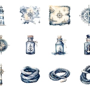 Watercolor Blue Nautical Collection Clipart, Sailor Graphics, Vintage ...