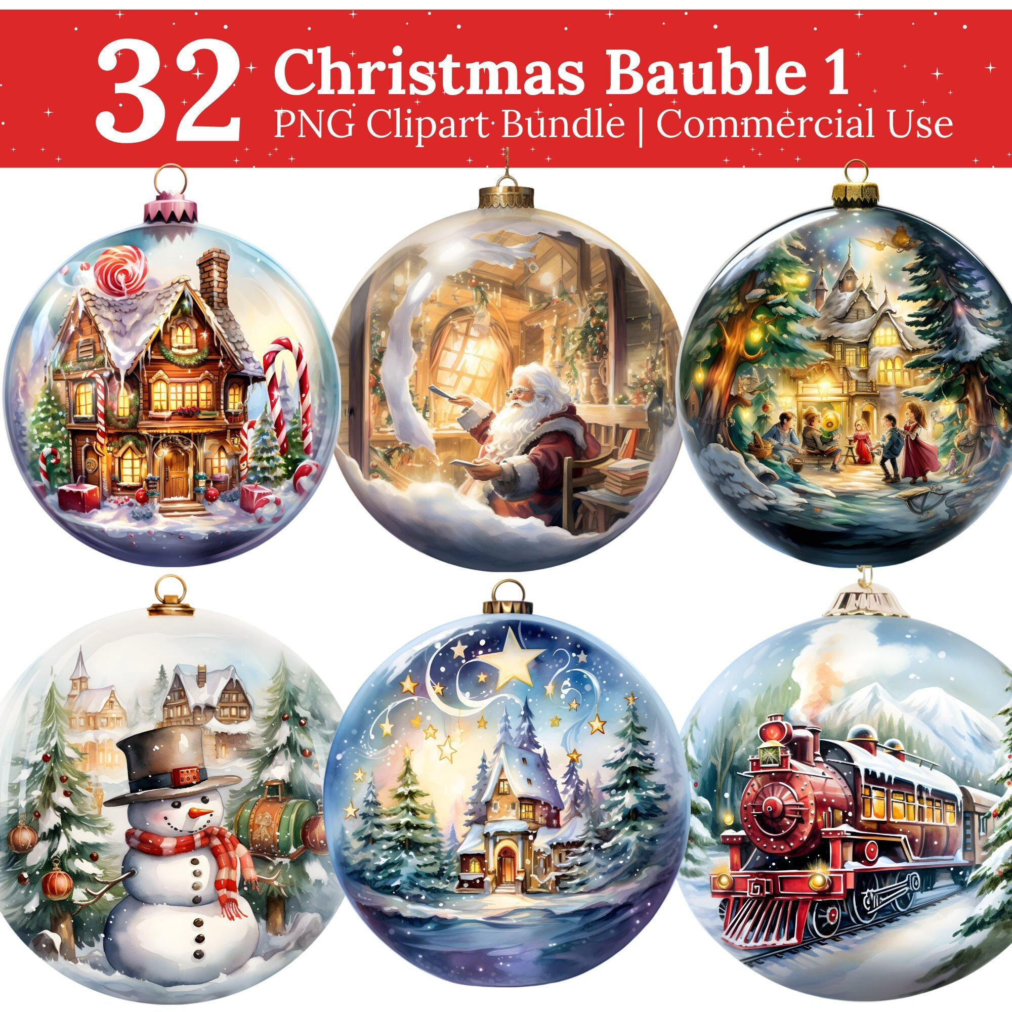 Watercolor Glass Baubles Clipart, Christmas Scenes, Festive Clipart ...