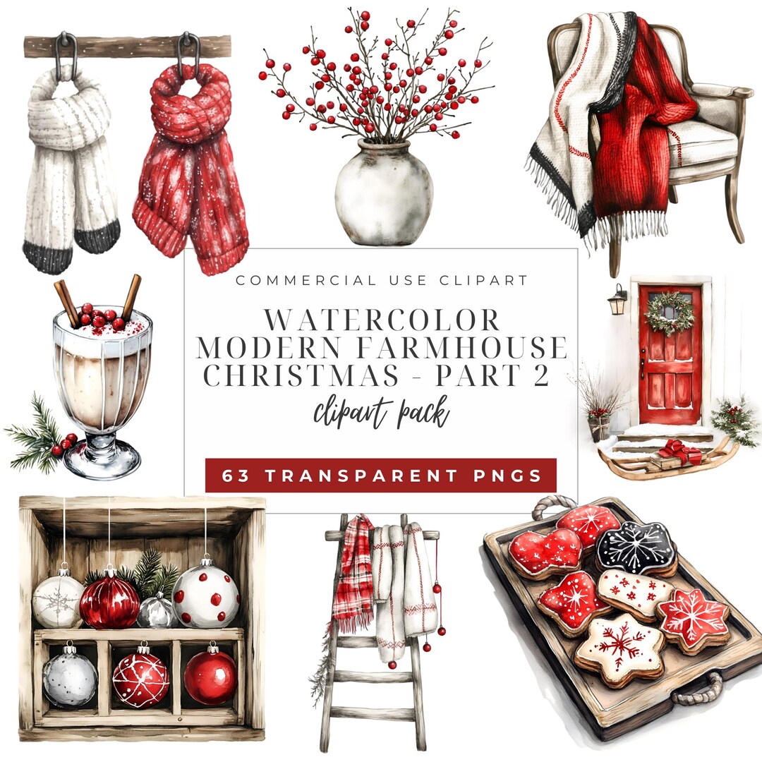 Watercolor Modern Farmhouse Christmas Clipart Bundle, Festive Shabby ...