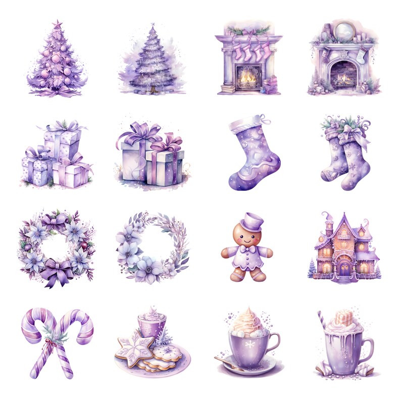Pastel 'tis the Season Christmas Clipart Bundle, Purple Watercolor ...