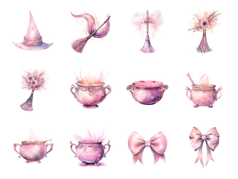 Watercolor Pastel Pink Witch Clipart Bundle, "that Witch" Graphics ...