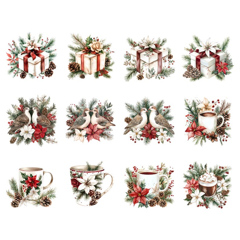 Watercolor Christmas Floral Clipart Bundle, Poinsettia & Lily Bouquet ...