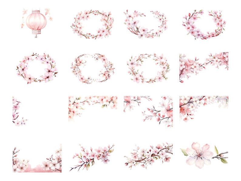 Watercolor Cherry Blossom Clipart Bundle, Floral Watercolor PNG, Sakura ...