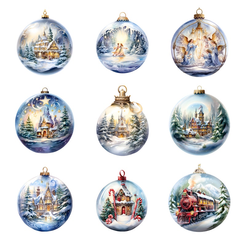 Watercolor Glass Baubles Clipart, Christmas Scenes, Festive Clipart ...