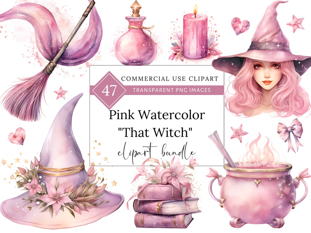Watercolor Pastel Pink Witch Clipart Bundle, "that Witch" Graphics ...
