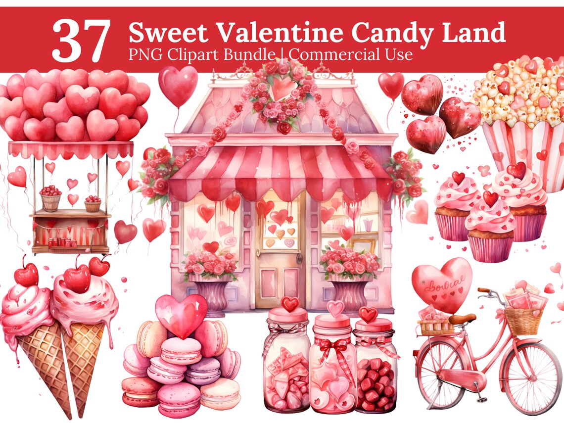 Valentine Candy Land PNG Bundle, Cute Valentines Candy Shop Png Clipart ...