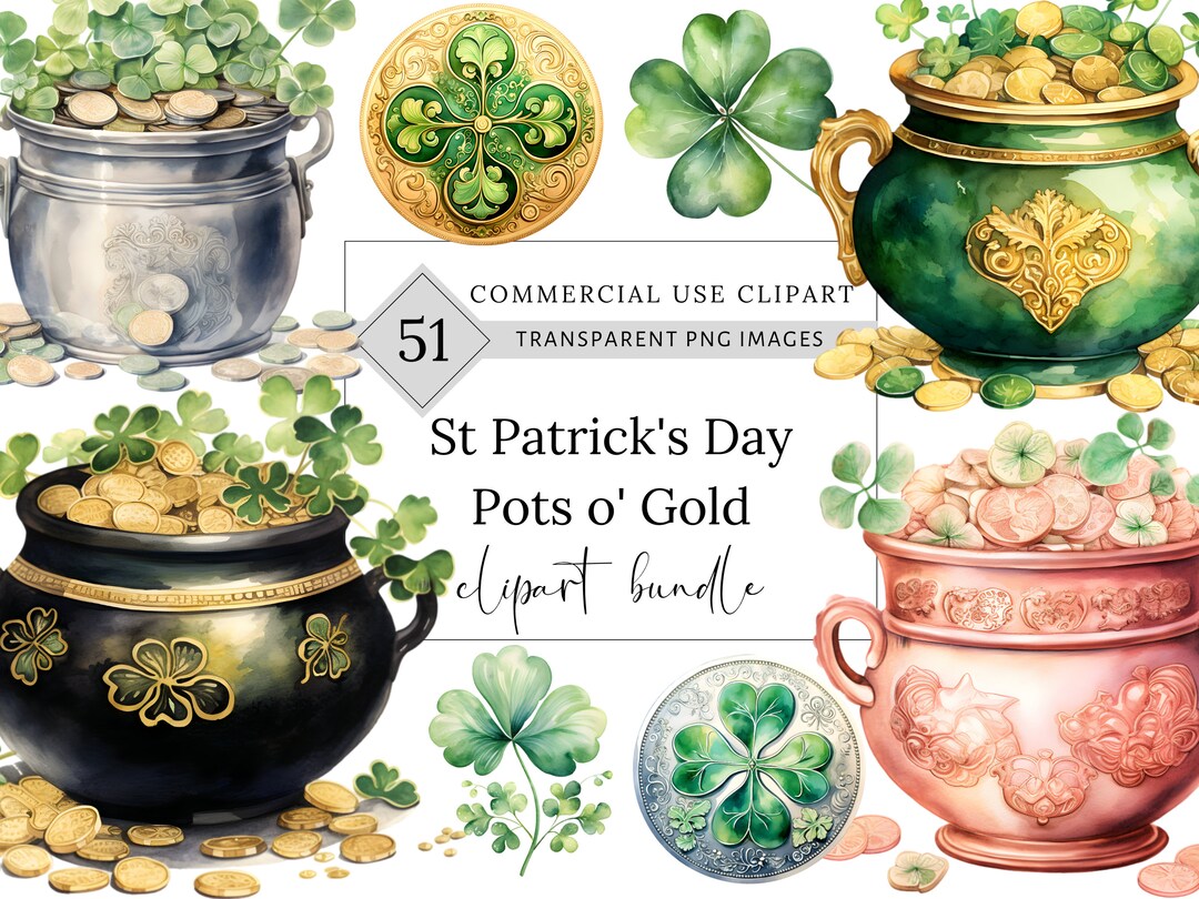 St Patricks Day Watercolor Pot of Gold Clipart, St Patricks Day PNG ...
