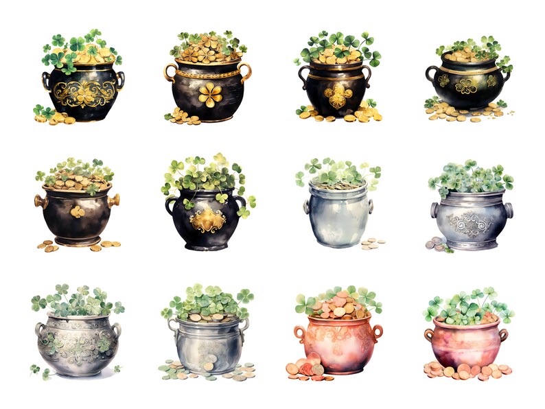 St Patricks Day Watercolor Pot of Gold Clipart, St Patricks Day PNG ...