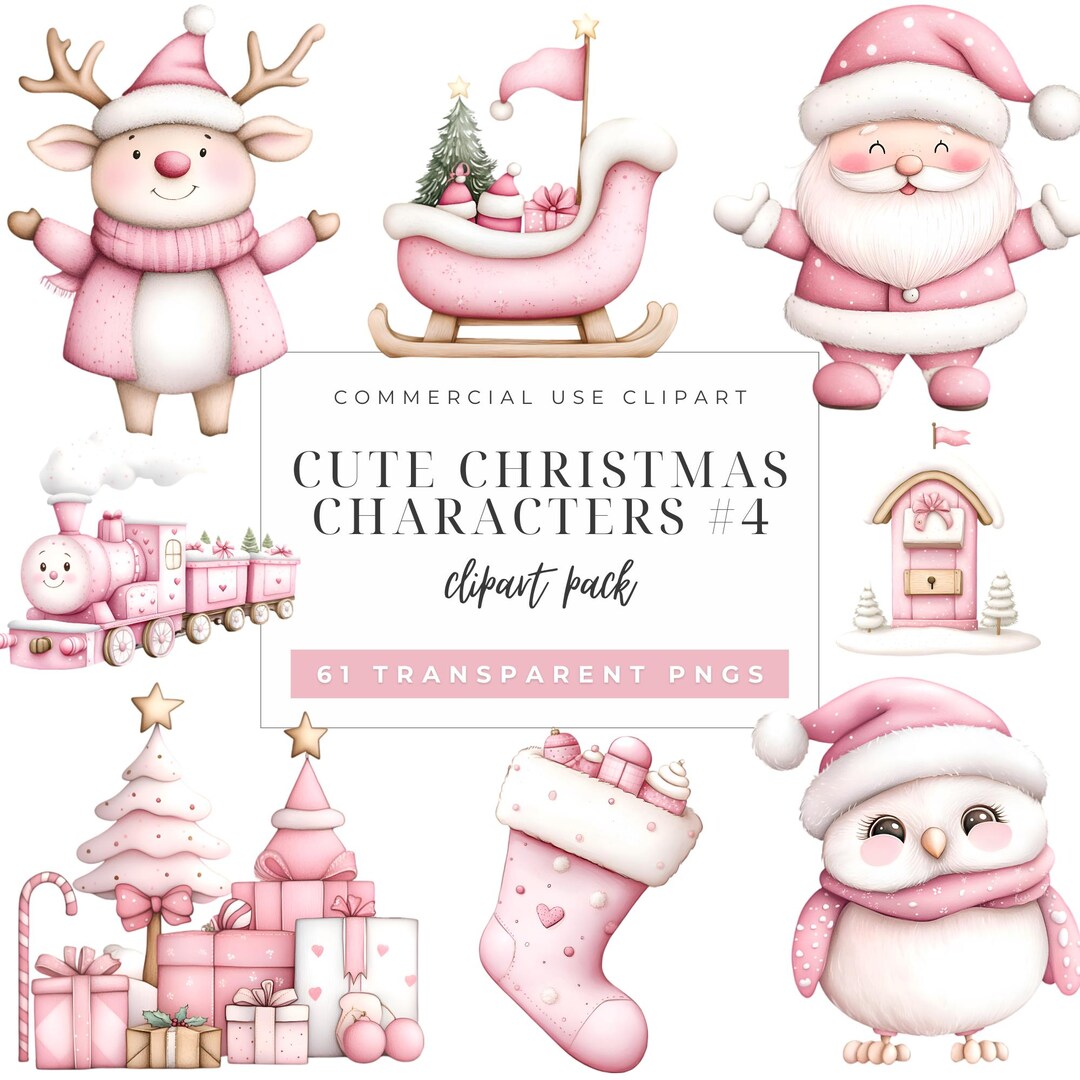 Watercolor Cute Pink Christmas Characters Clipart Bundle, Quirky ...