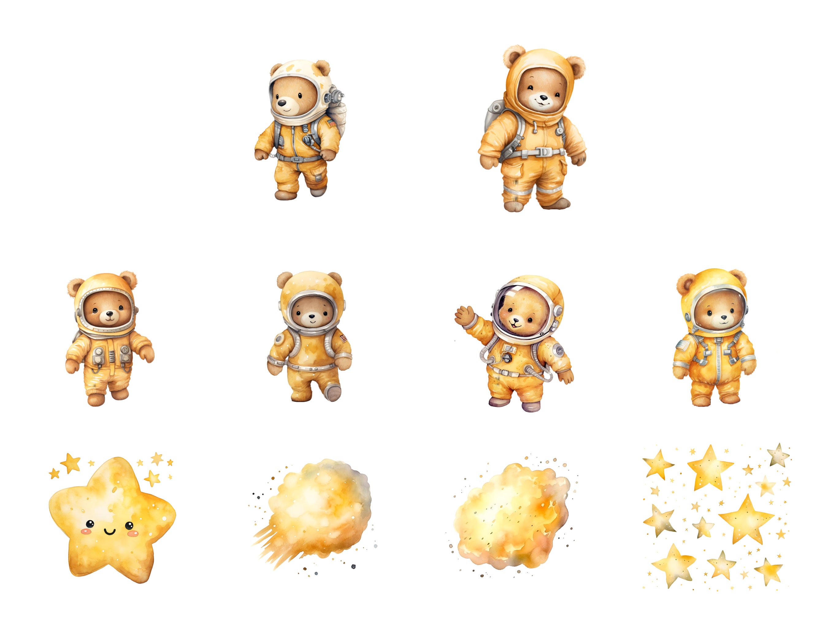 Watercolor Yellow Space Bear Clipart Bundle, Astronaut Nursery Clipart ...